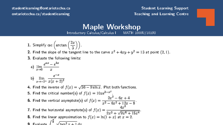 Maple Workshop Introductory I MATH 2x: Slope, Limits, and Functions - Studocu