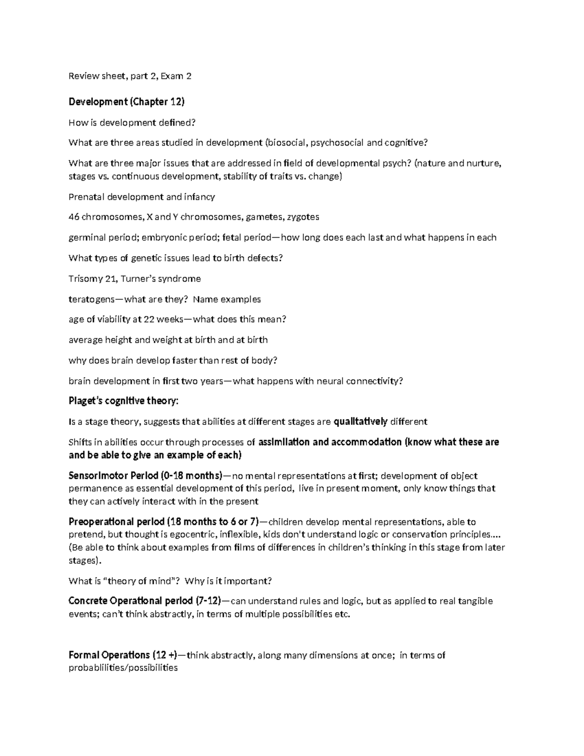 Developmental Psychology Exam 2 Review Sheet (PSY 101) - Studocu