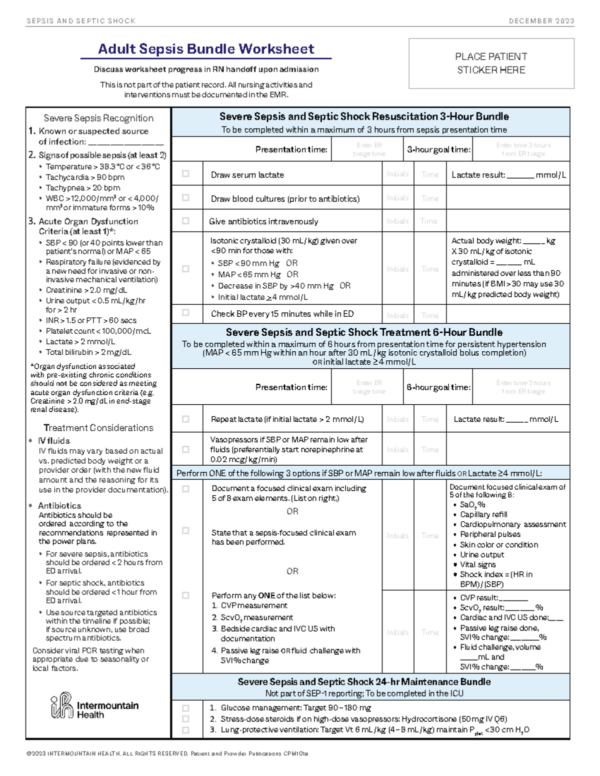 Adult Sepsis Bundle Worksheet - Severe Sepsis and Septic Shock - Studocu