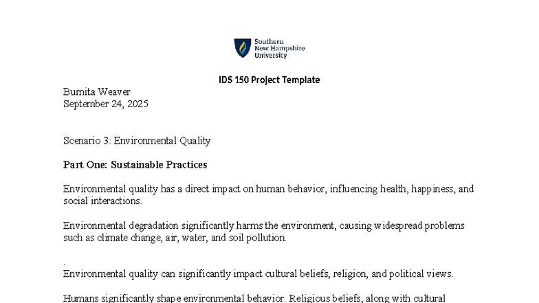 IDS 150 Project Template: Environmental Quality & Sustainable Practices ...