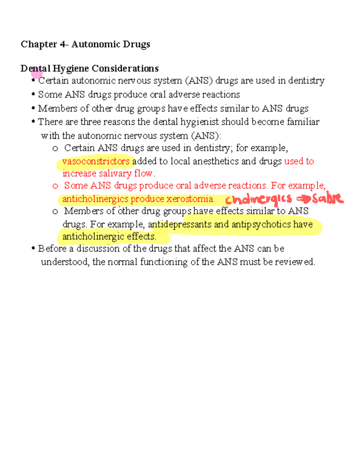 Autonomic Drugs and Dental Hygiene Considerations (DH 101) - Studocu