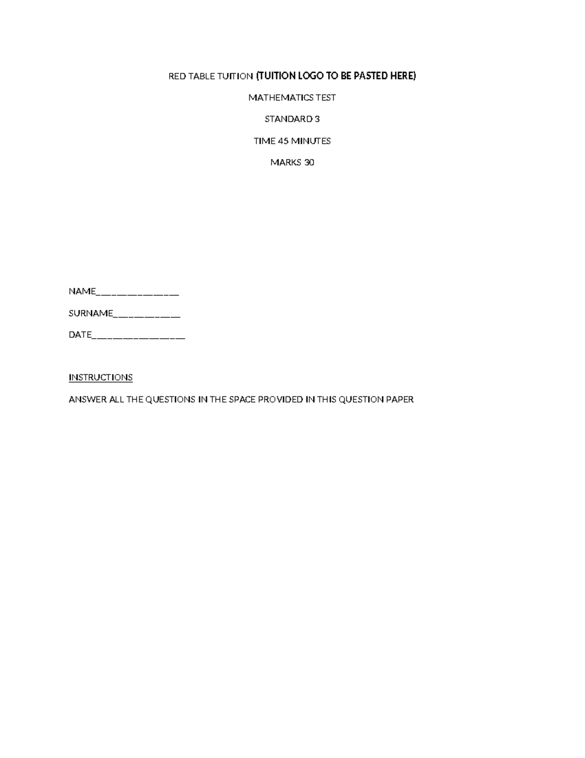 Mathematics Test Standard 3 - Tuition Exam (45 Min, 30 Marks) - Studocu