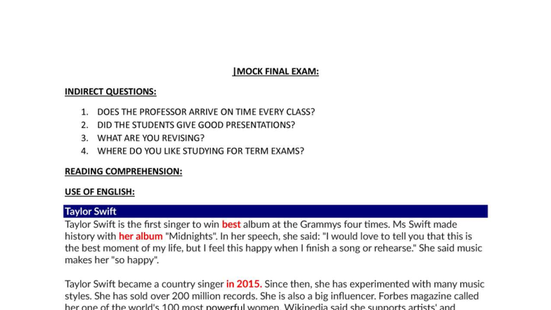 MOCK FINAL EXAM: INDIRECT QUESTIONS & READING COMPREHENSION - Studocu