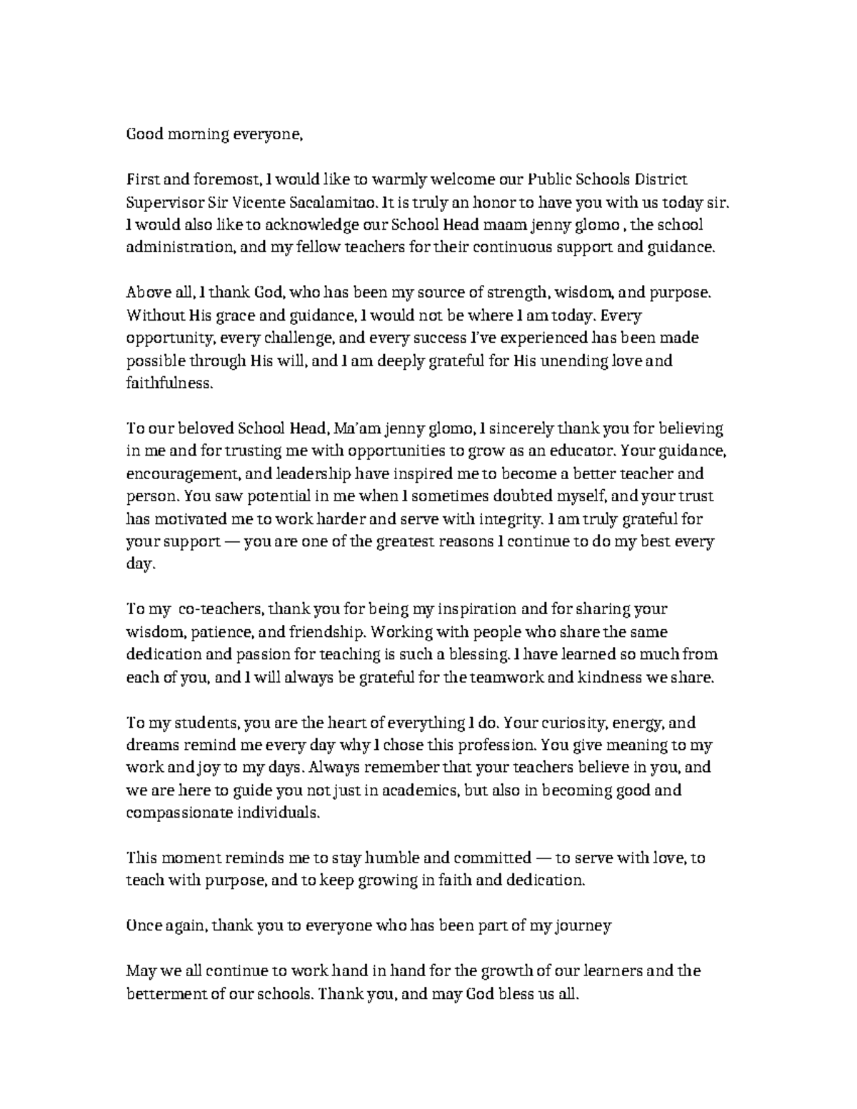Formal Speech of Gratitude to Public Schools Supervisor - Studocu