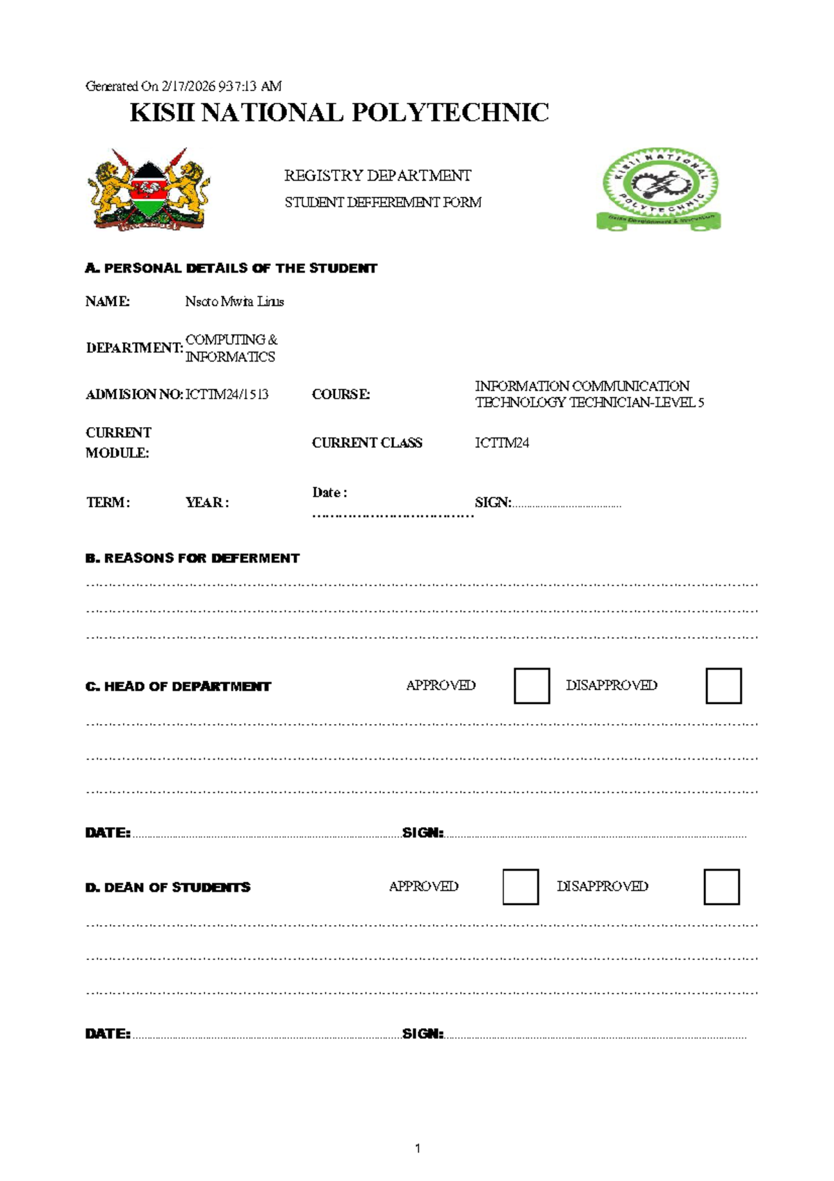 Student Deferment Form 2 17 2026 9 37 13 AM - Generated On 2/17/2026 9 ...
