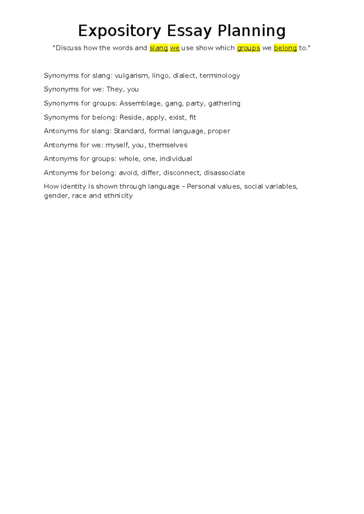 Expository Essay Planning: Language, Identity, and Group Belonging ...