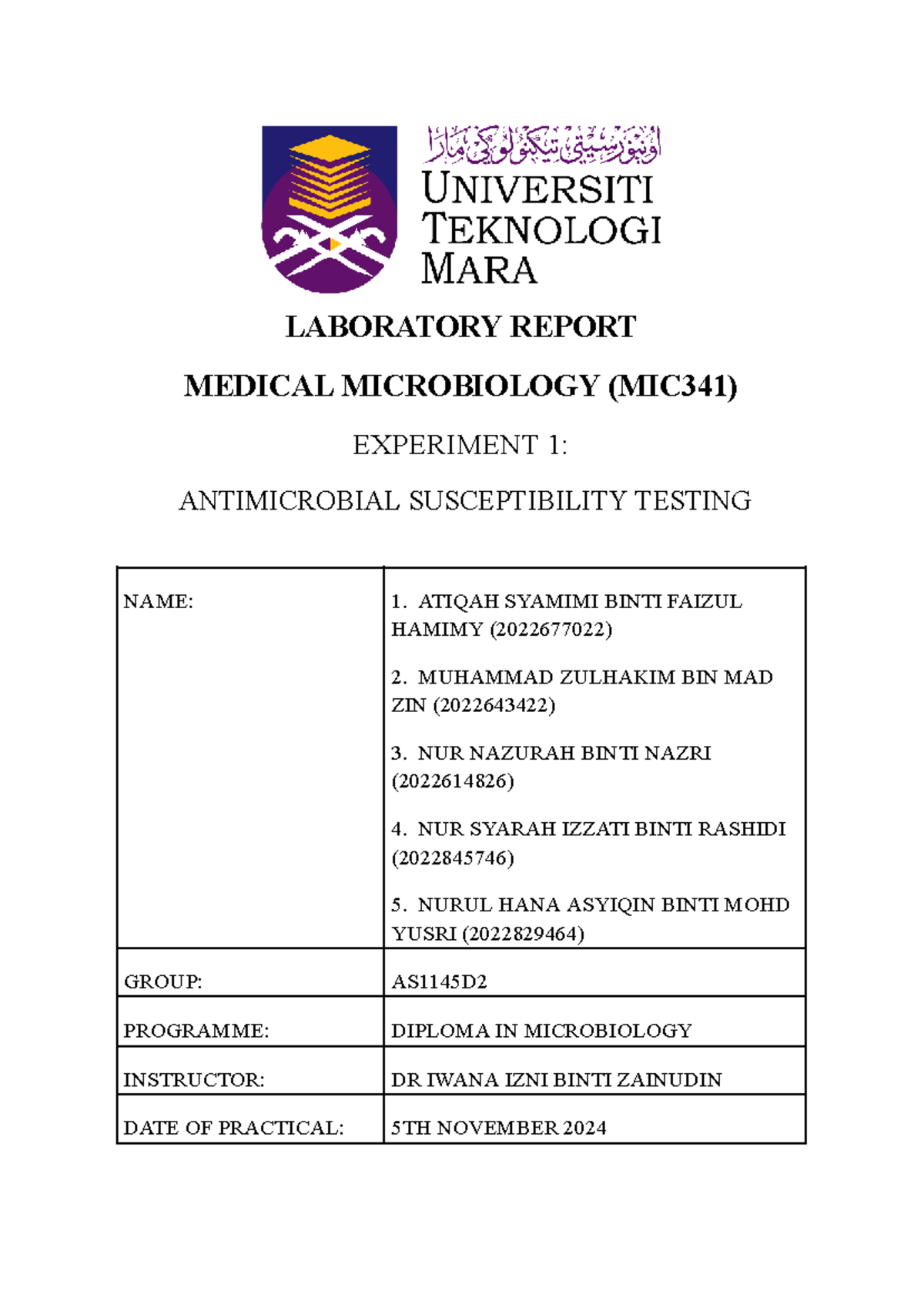 MIC341 Laboratory Report: Antimicrobial Susceptibility Testing - Studocu