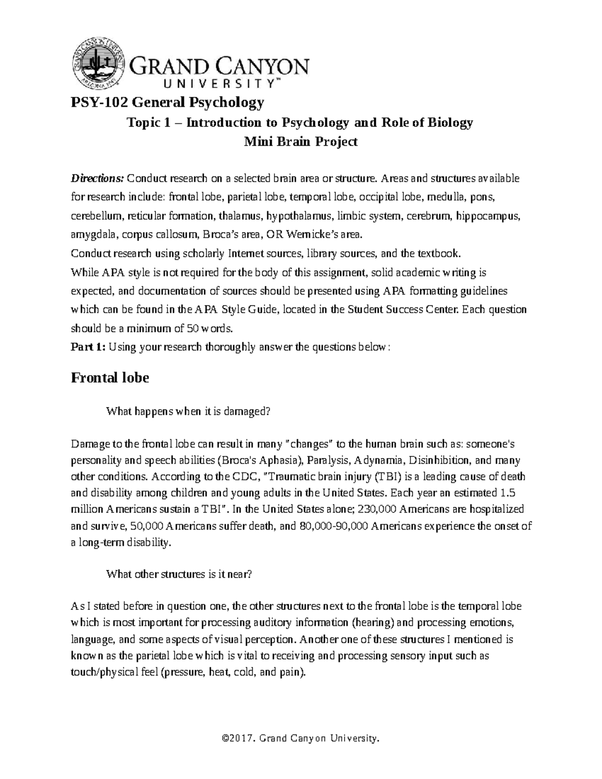 Mini Brain Project - PSY-102 General Psychology Topic 1 – Introduction ...