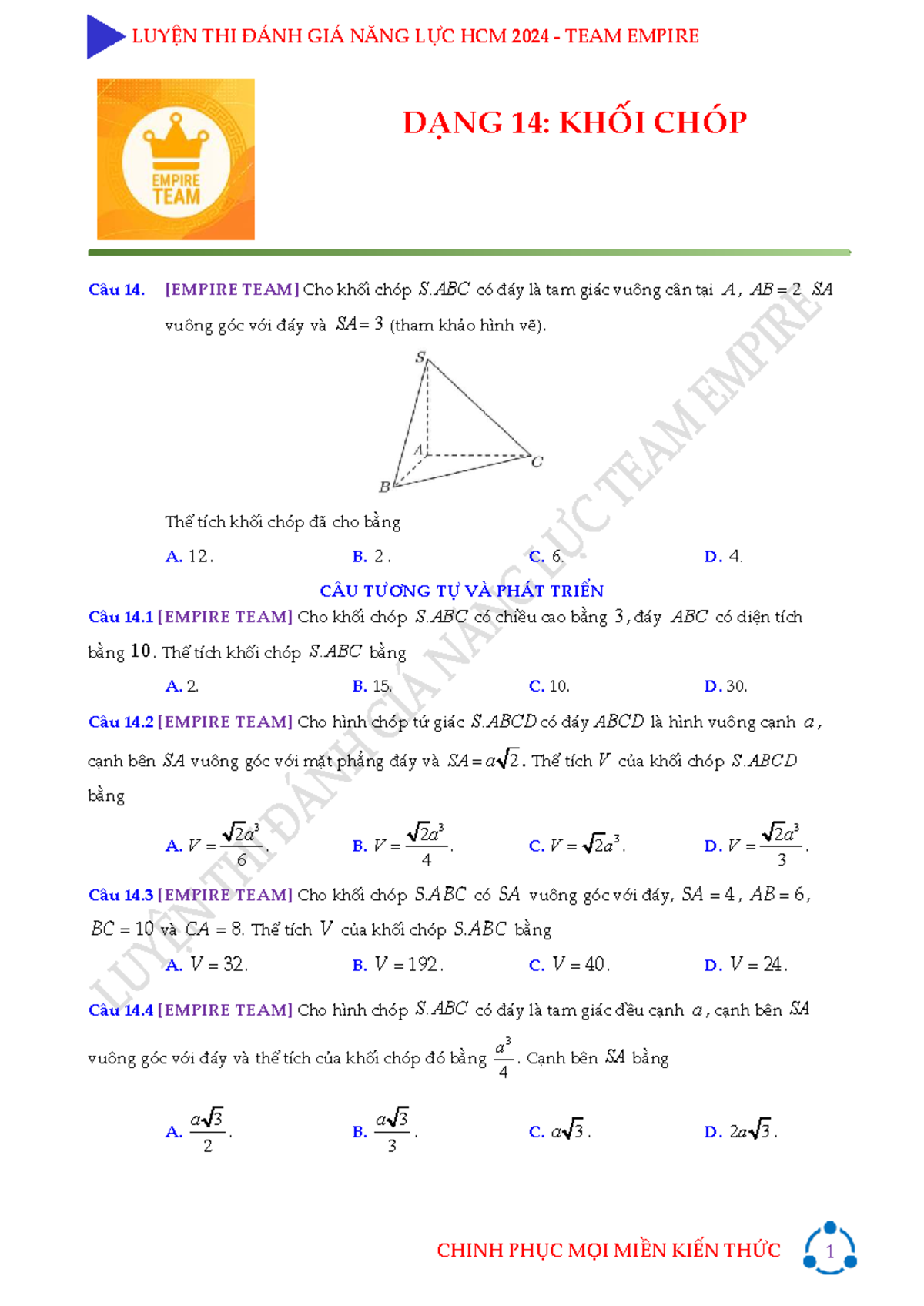 LUYỆN THI ĐÁNH GIÁ NĂNG LỰC HCM 2024: KHỐI CHÓP DẠNG 14 - Studocu