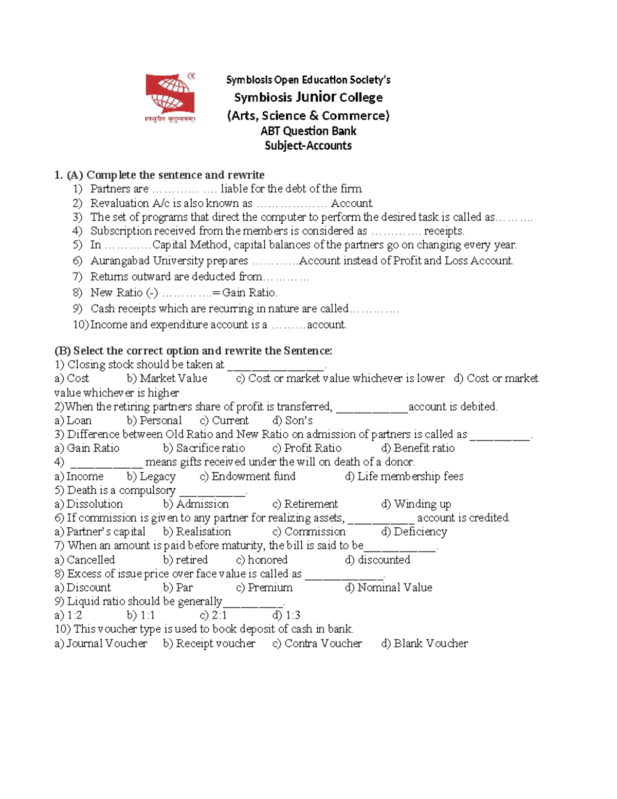 Accounts QB ABT - Symbiosis Junior College Question Bank 1 - Studocu