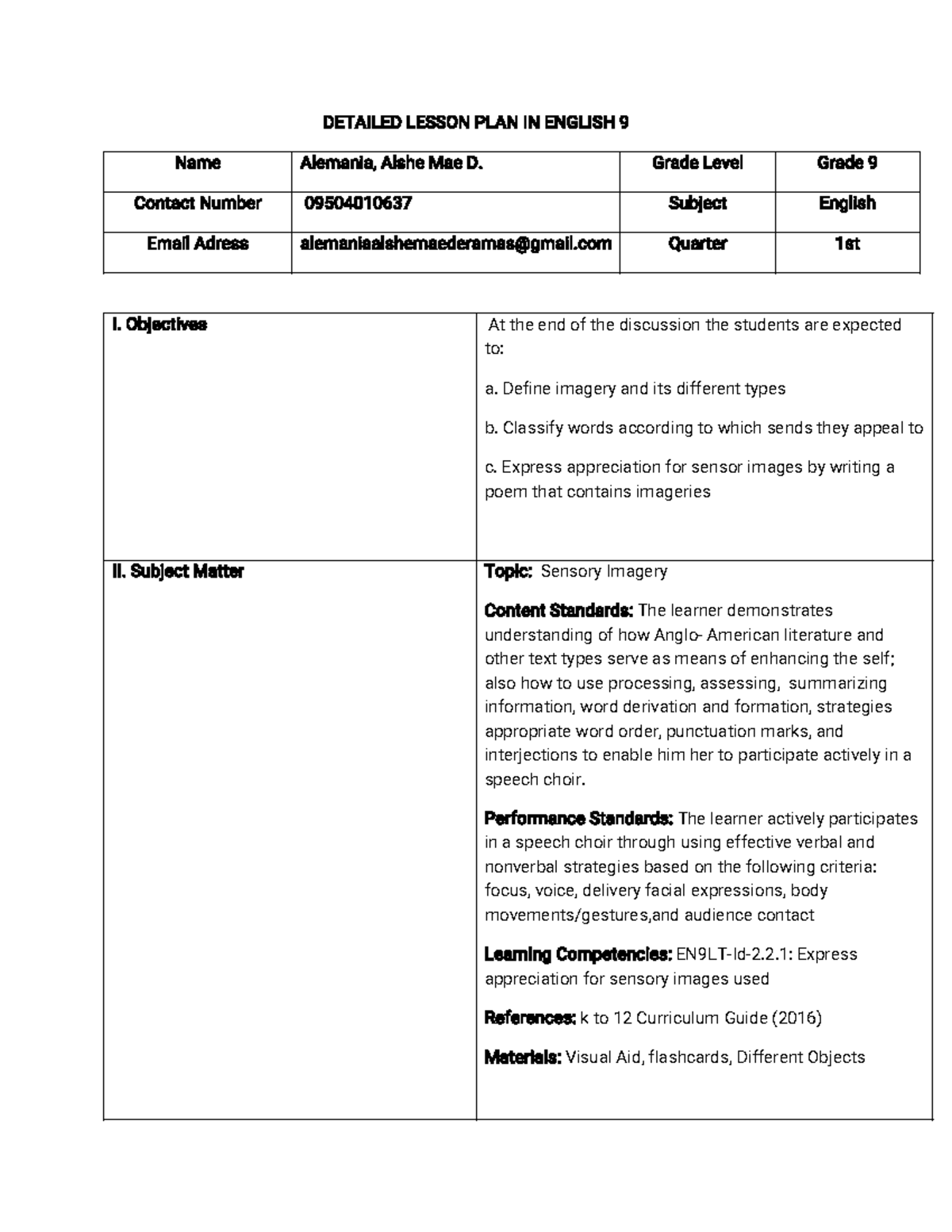 DETAILED LESSON PLAN: SENSORY IMAGERY IN ENGLISH 9 - Studocu