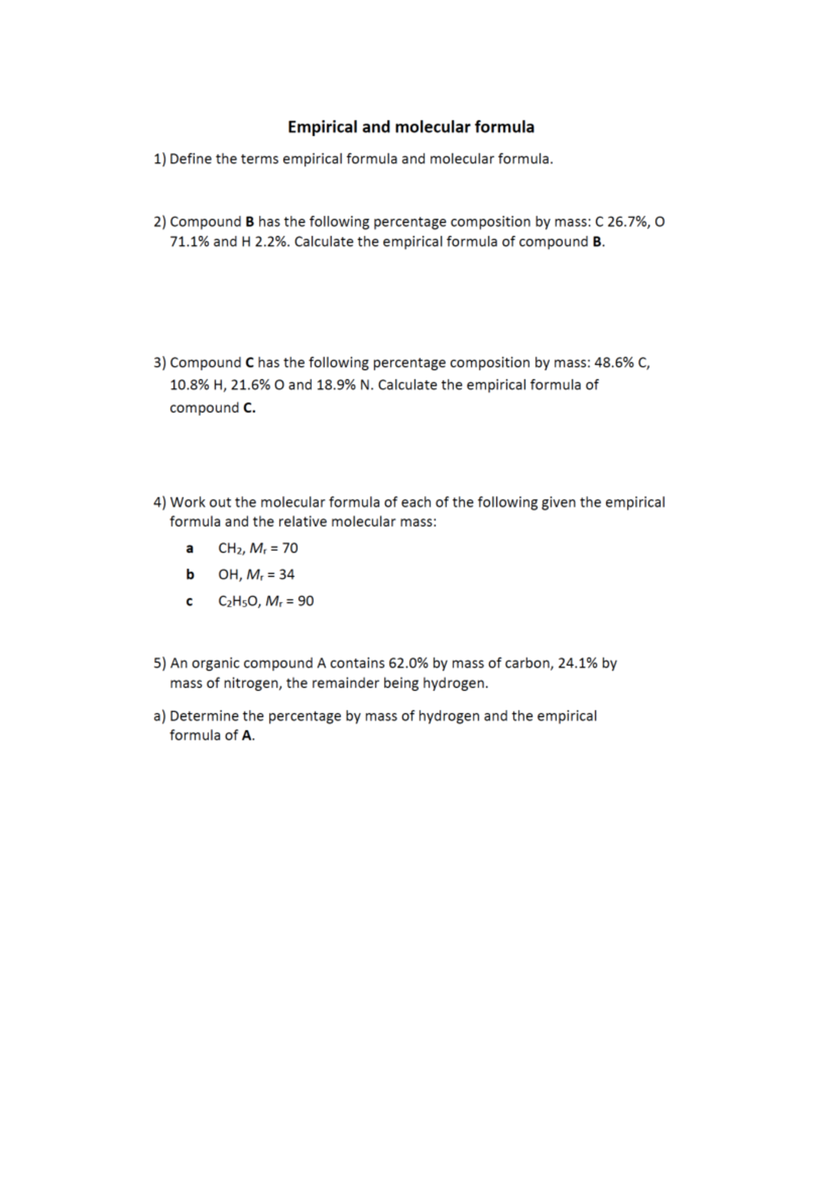Classwork 1: Empirical & Molecular Formula Calculations - Studocu
