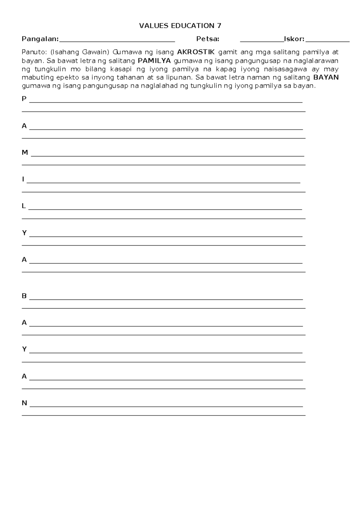 GMRC 7 - ACTIVITY SHEET - VALUES EDUCATION 7 Pangalan: Petsa: Iskor ...