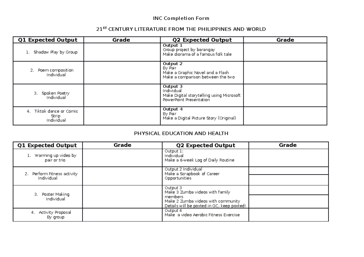 INC Completion - sample - INC Completion Form 21 ST CENTURY LITERATURE ...