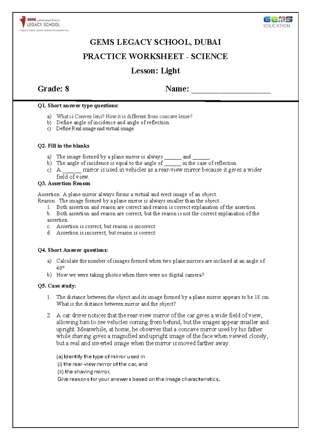 GEMS LEGACY SCHOOL, DUBAI SCIENCE Practice Worksheet: Light Grade 8 ...