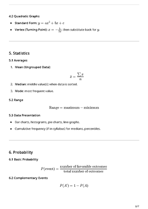 Mathematics formula sheet: number algebra and linear equations - Studocu