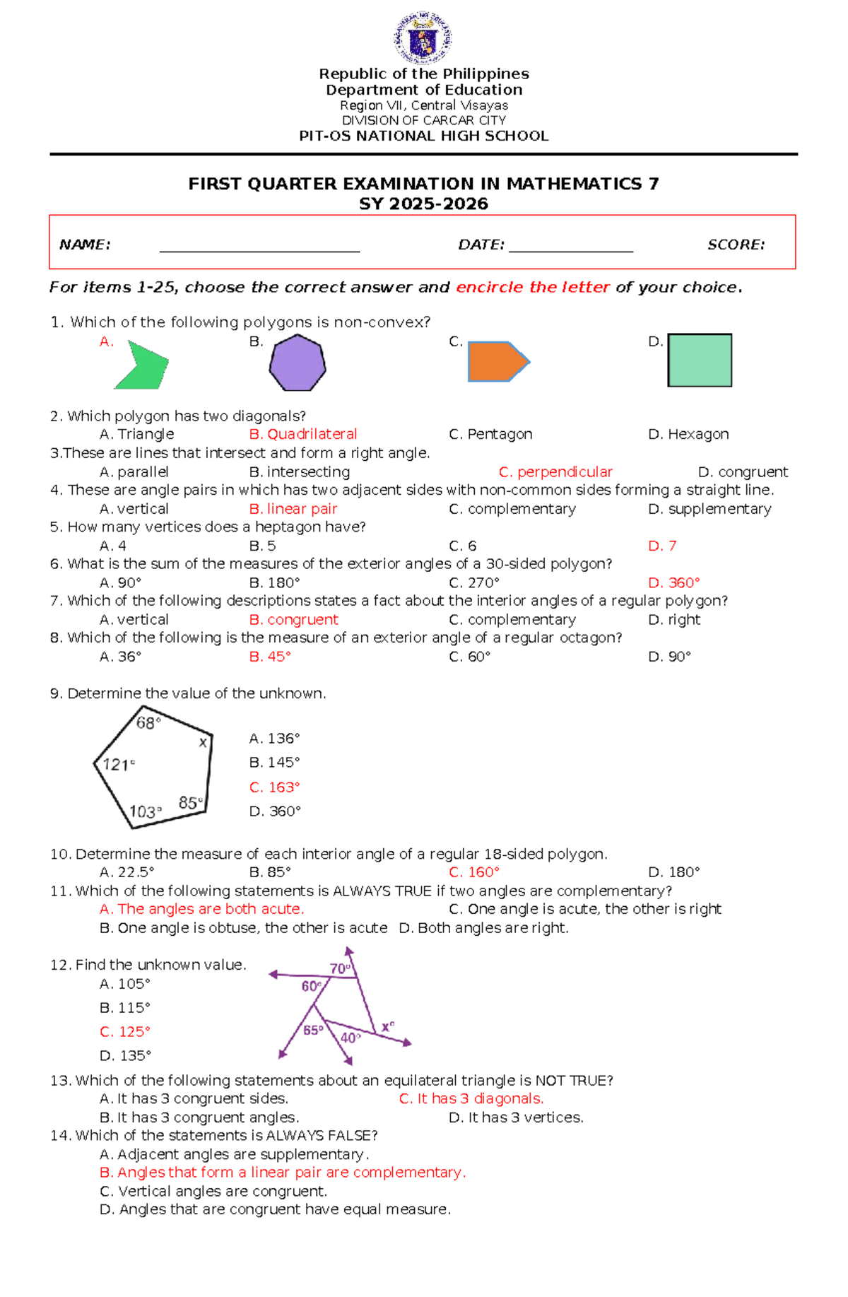 MATH 7 - First Quarter Examination Review and Practice - Studocu
