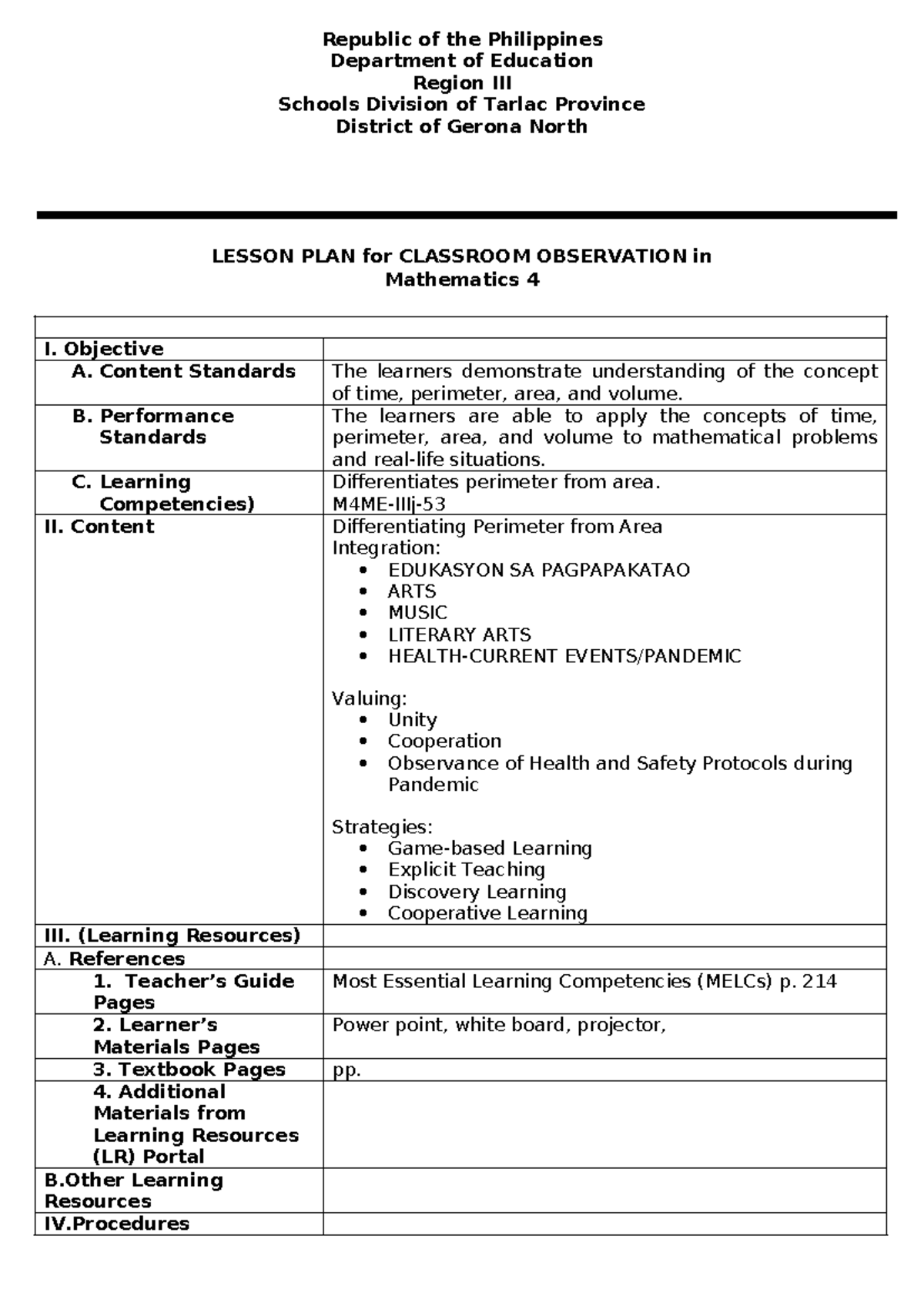 Q3-MATH4-LESSON PLAN: Differentiating Perimeter & Area - Studocu