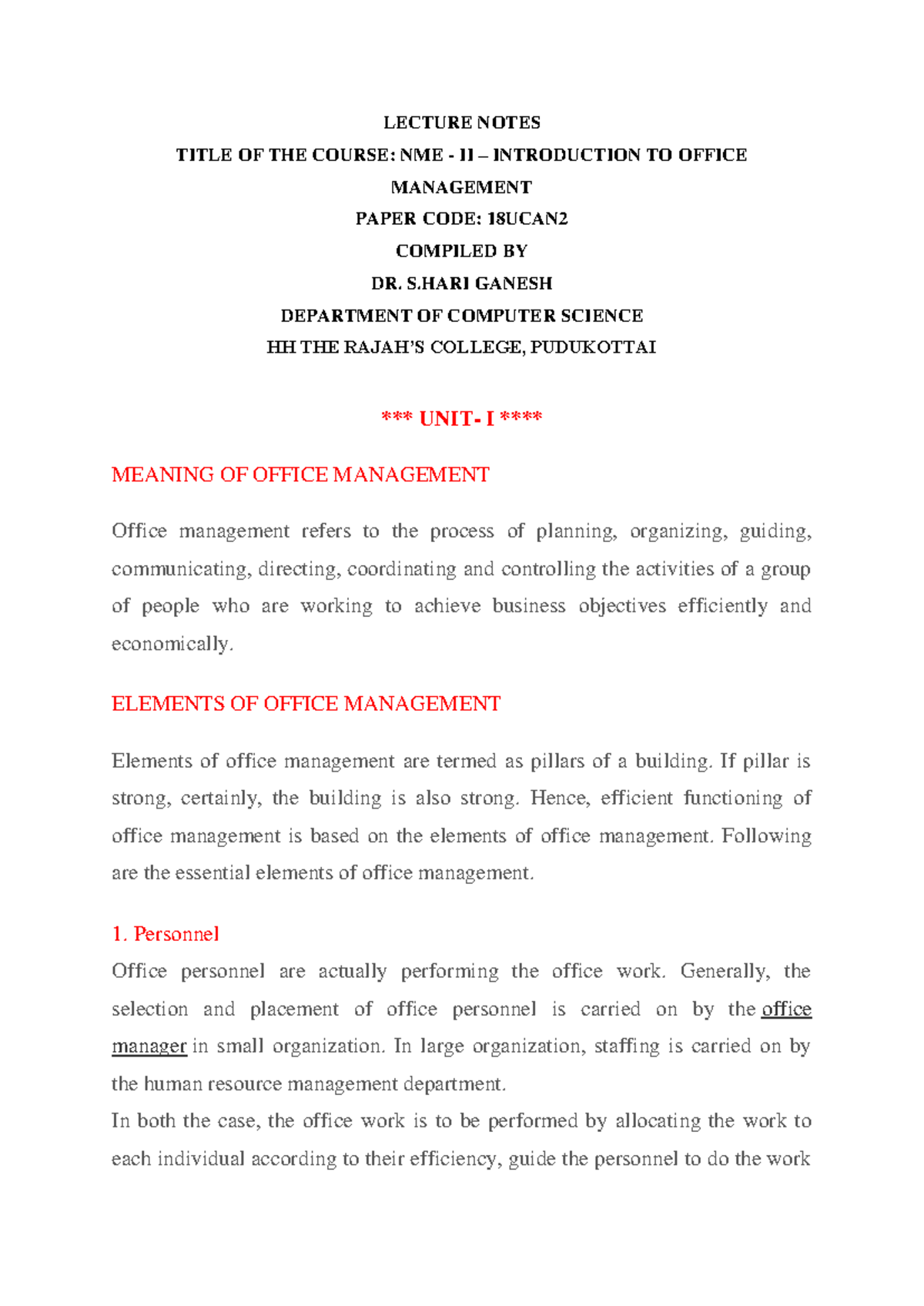 Office Management Study Notes - NME II (18UCAN) Lecture Overview - Studocu