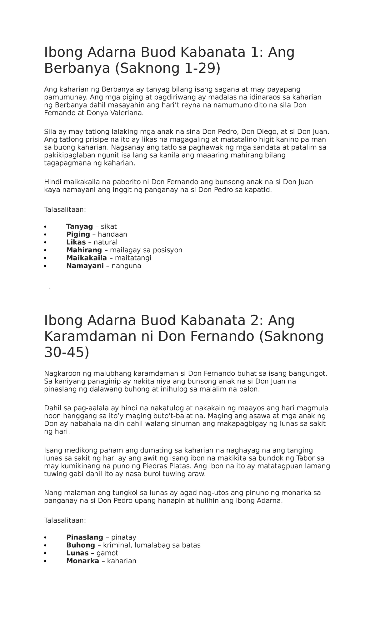 Ibong Adarna Buod Kabanata 1-19: Mga Saknong at Talasalitaan - Studocu
