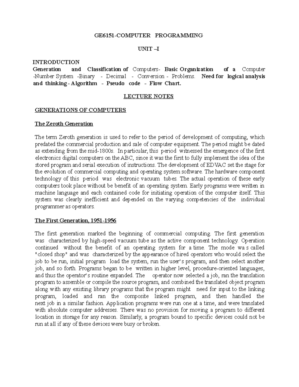 GE6151 Computer Programming Unit 1 Lecture Notes: Introduction and ...