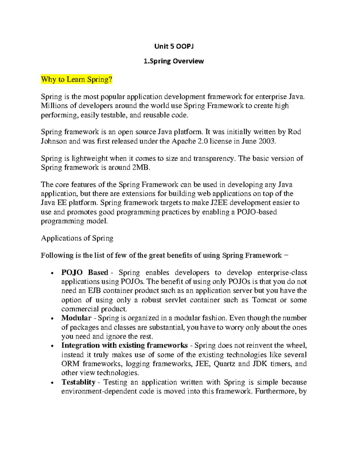 Unit 5 OOPJ: Spring Framework Overview and Benefits - Studocu