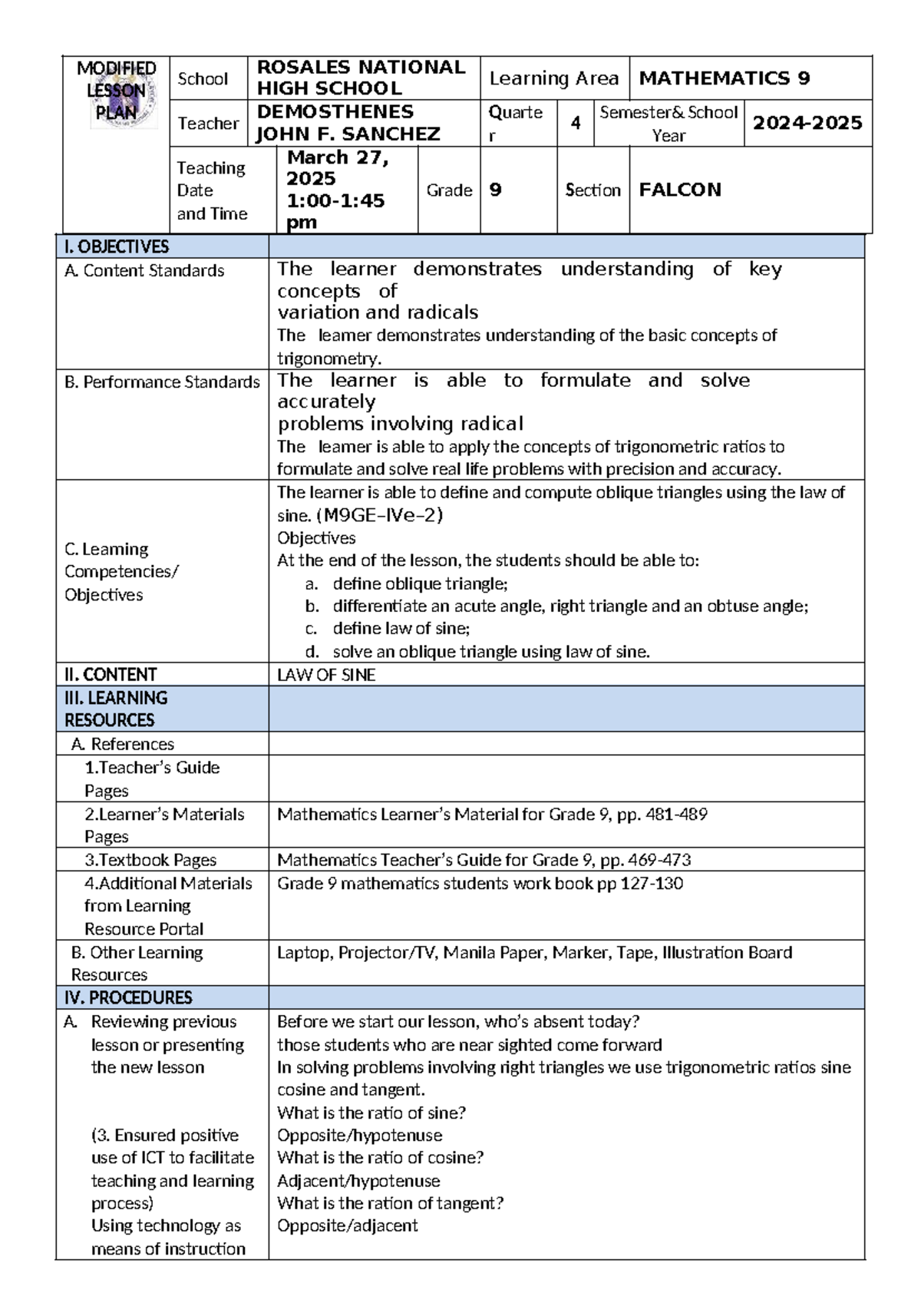 Modified Lesson Plan: Trigonometry & Law of Sine for Math 9 - Studocu