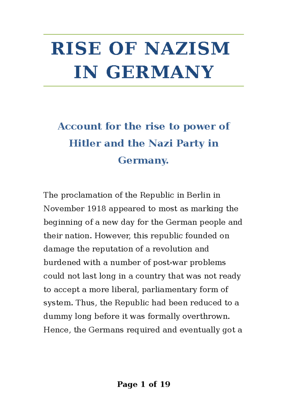 The Rise of Nazism in Germany: Analyzing Hitler's Ascent to Power - Studocu