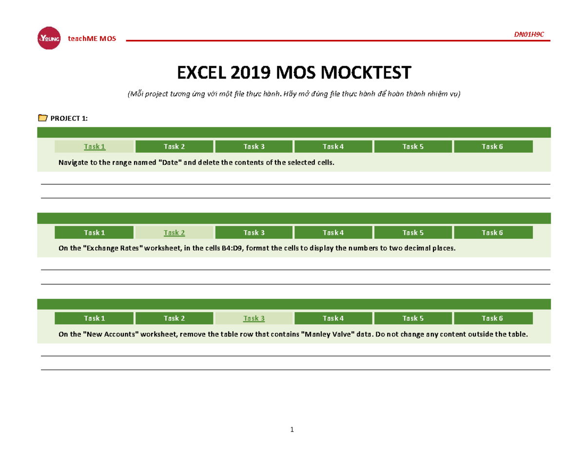 DN01H9C teachME MOS EXCEL 2019 Mock Test Overview and Tasks - Studocu