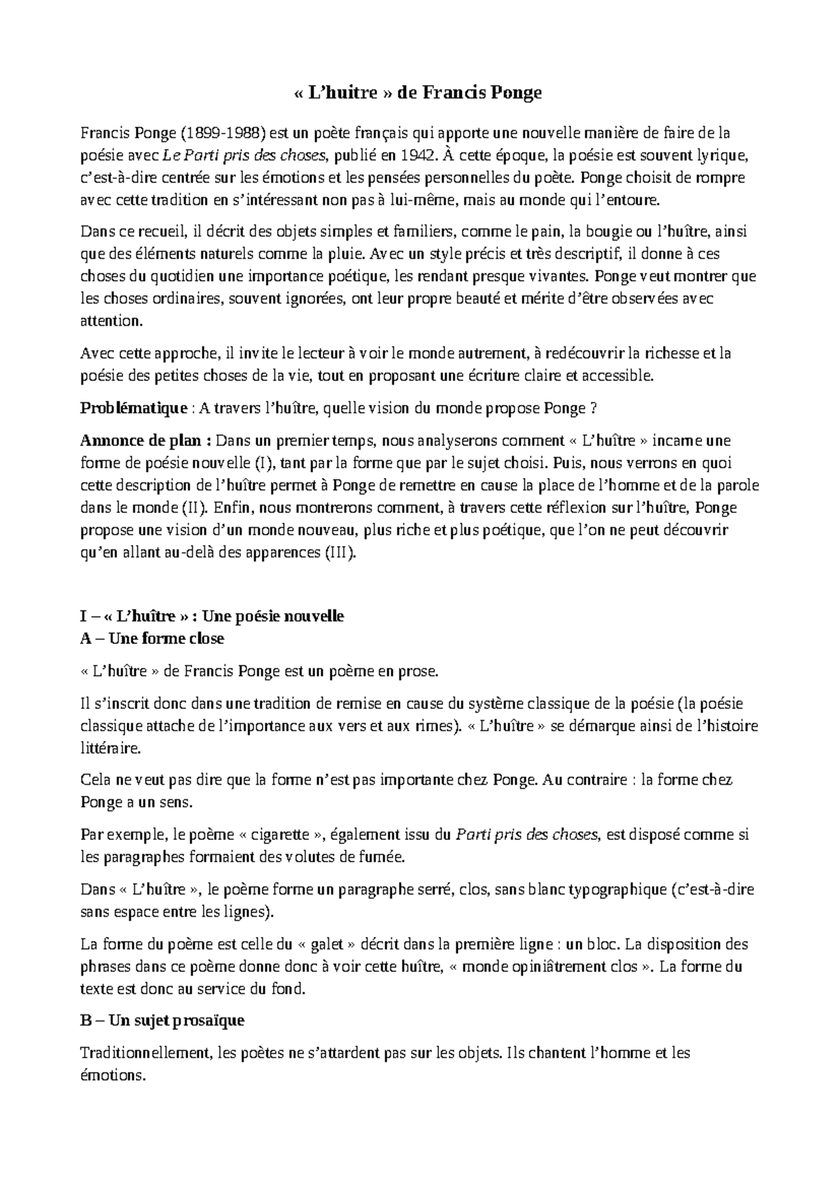 Analyse approfondie de "L’huître" de Francis Ponge en poésie - Studocu