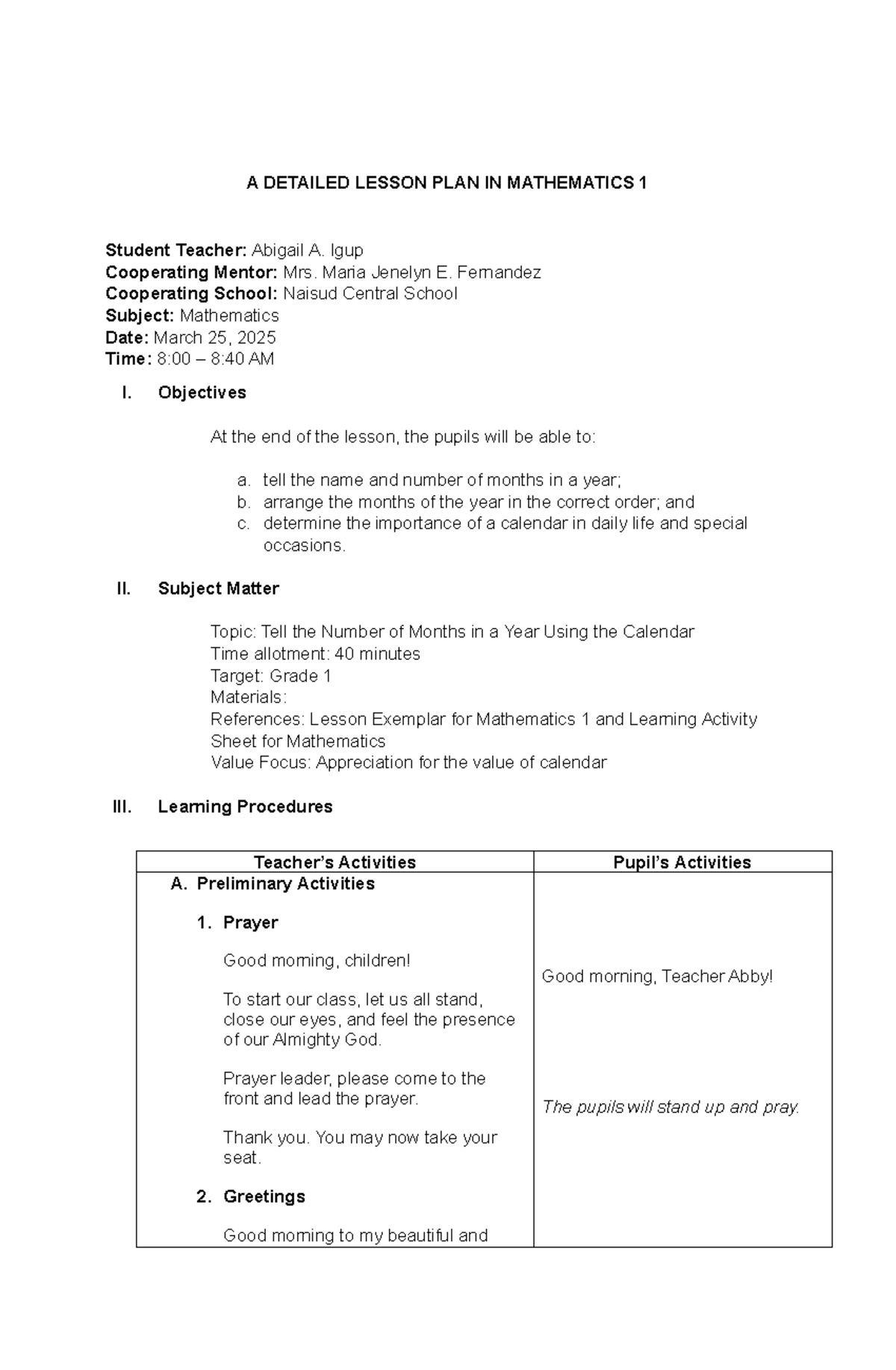 Mathematics 1 Lesson Plan: Months of the Year Activities - Studocu