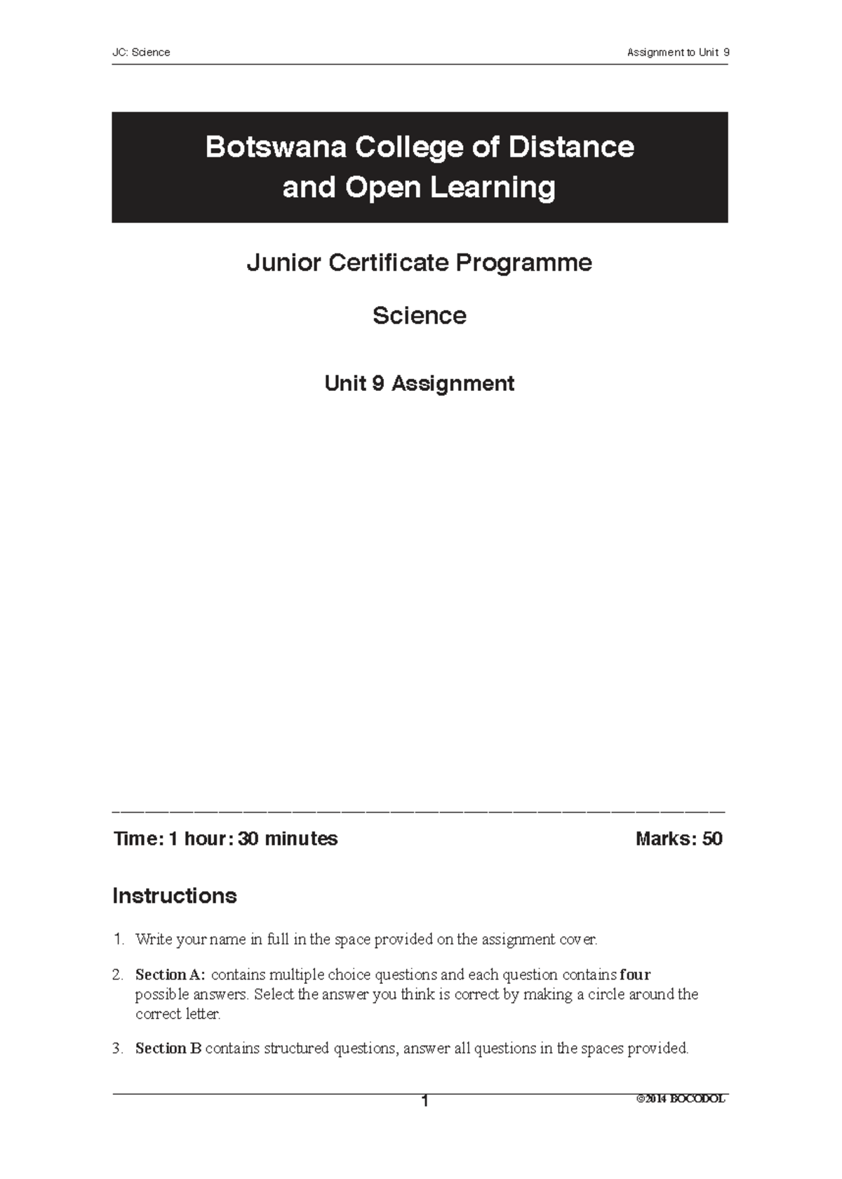 JC: Science Assignment Unit 9 - Botswana College of Distance Learning ...