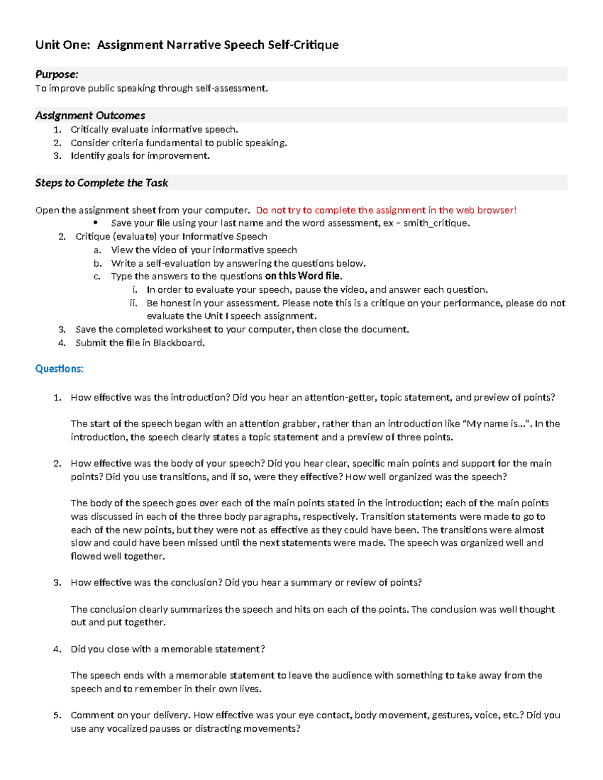 Unit 1: Self-Critique of Informative Speech Assignment - Studocu