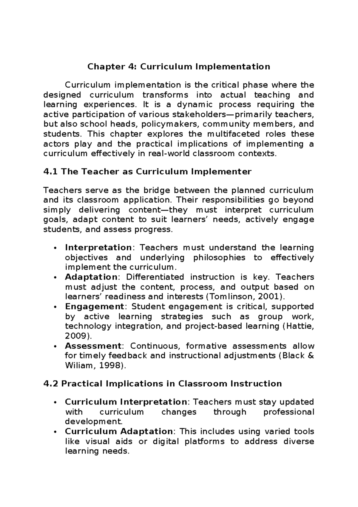 Chapter 4: Curriculum Implementation Insights and Strategies - Studocu