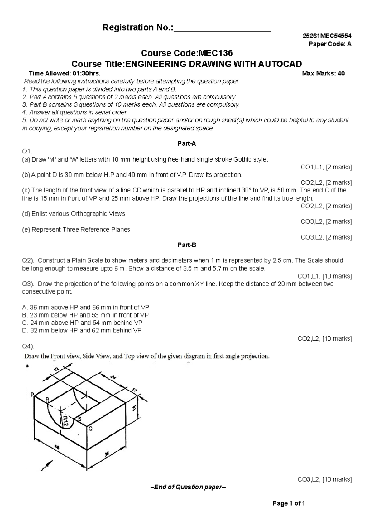 MEC136 Engineering Drawing with AutoCAD - Exam Paper 1 - Studocu