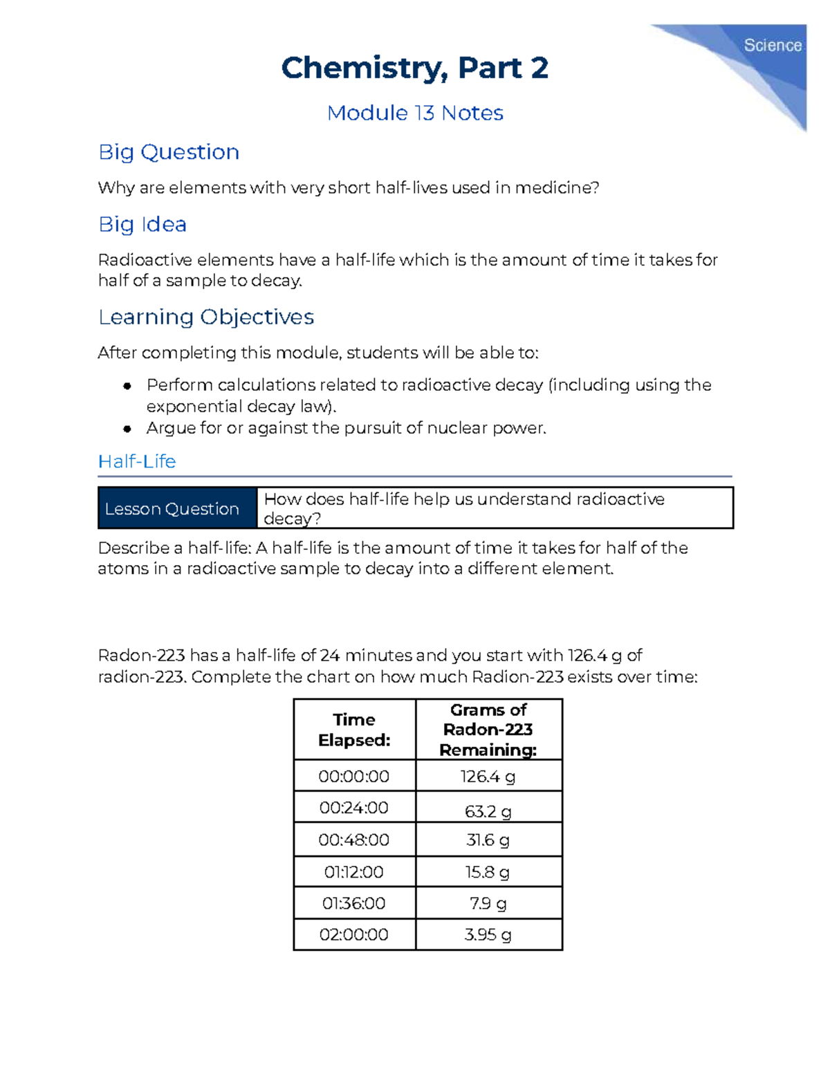 CHEM-043 Module 13 Notes: Radioactive Elements in Medicine - Studocu