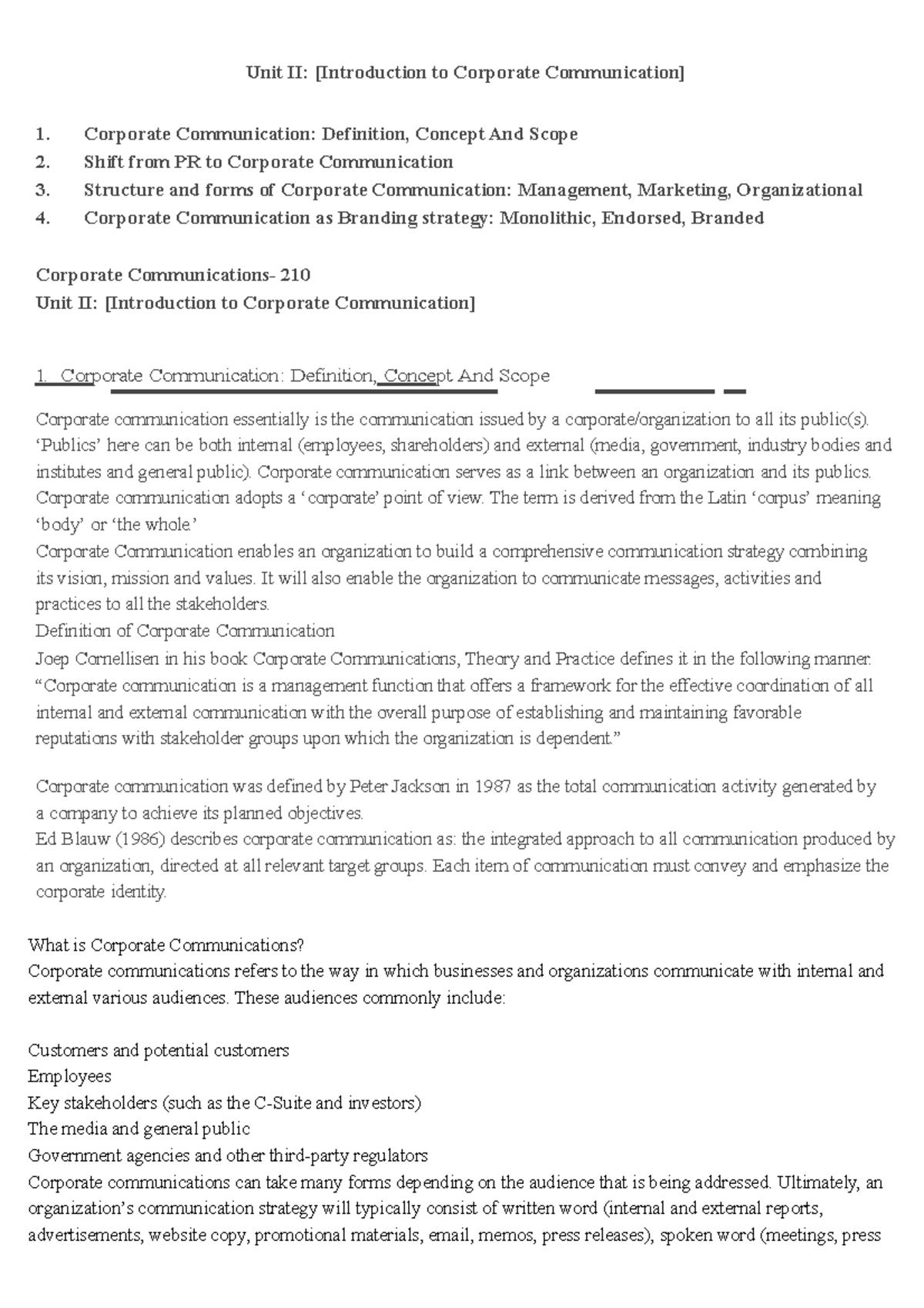 210 Corporate Communication Notes - Unit 2 Overview and Insights - Studocu