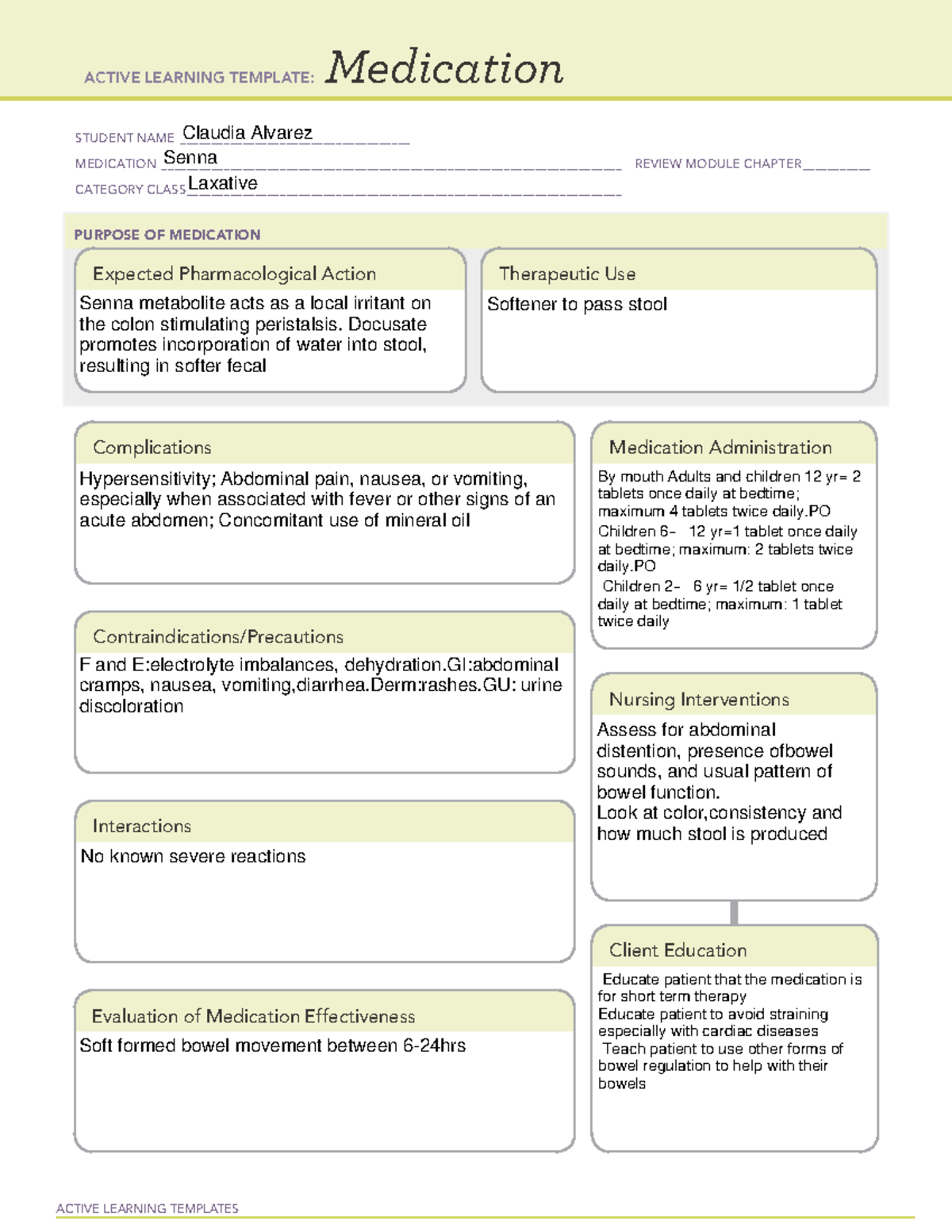 Med Card: Senna 12 - Medication Review Template for Nursing - Studocu