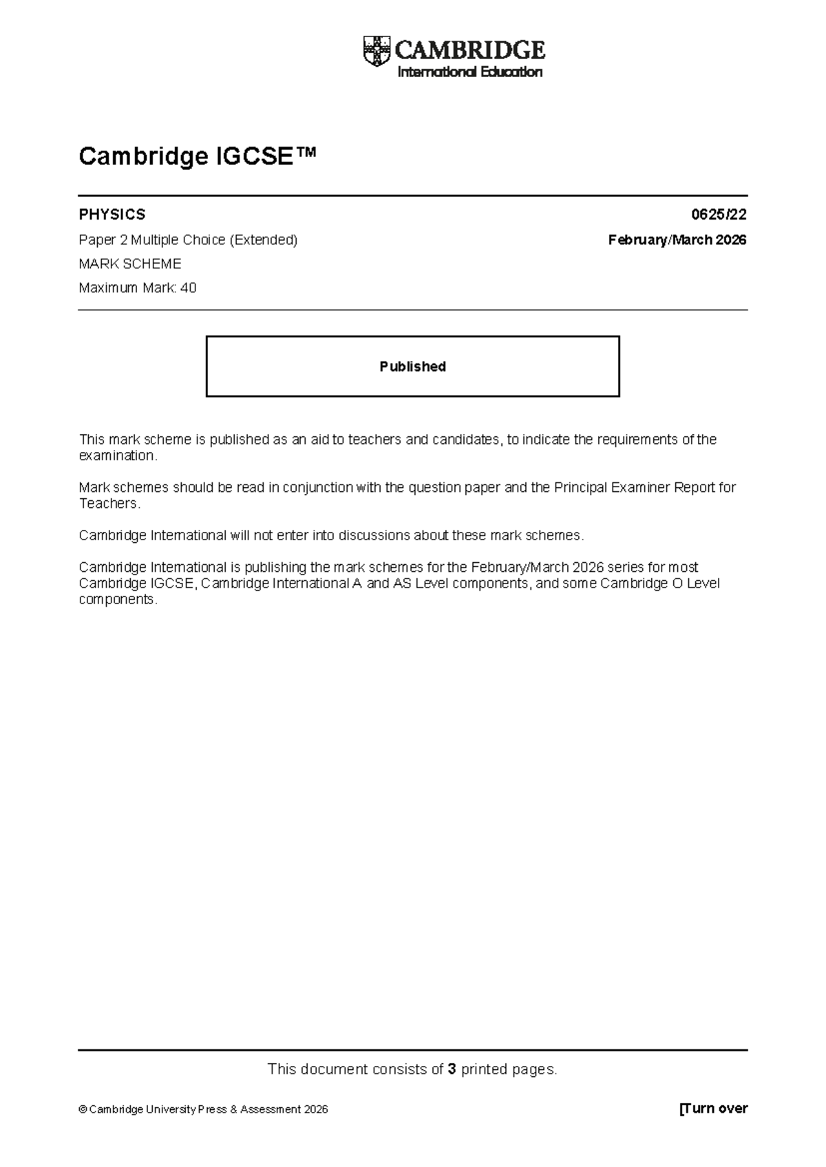 Cambridge IGCSE PHYSICS 0625 Paper 2 Mark Scheme 2026 - Studocu
