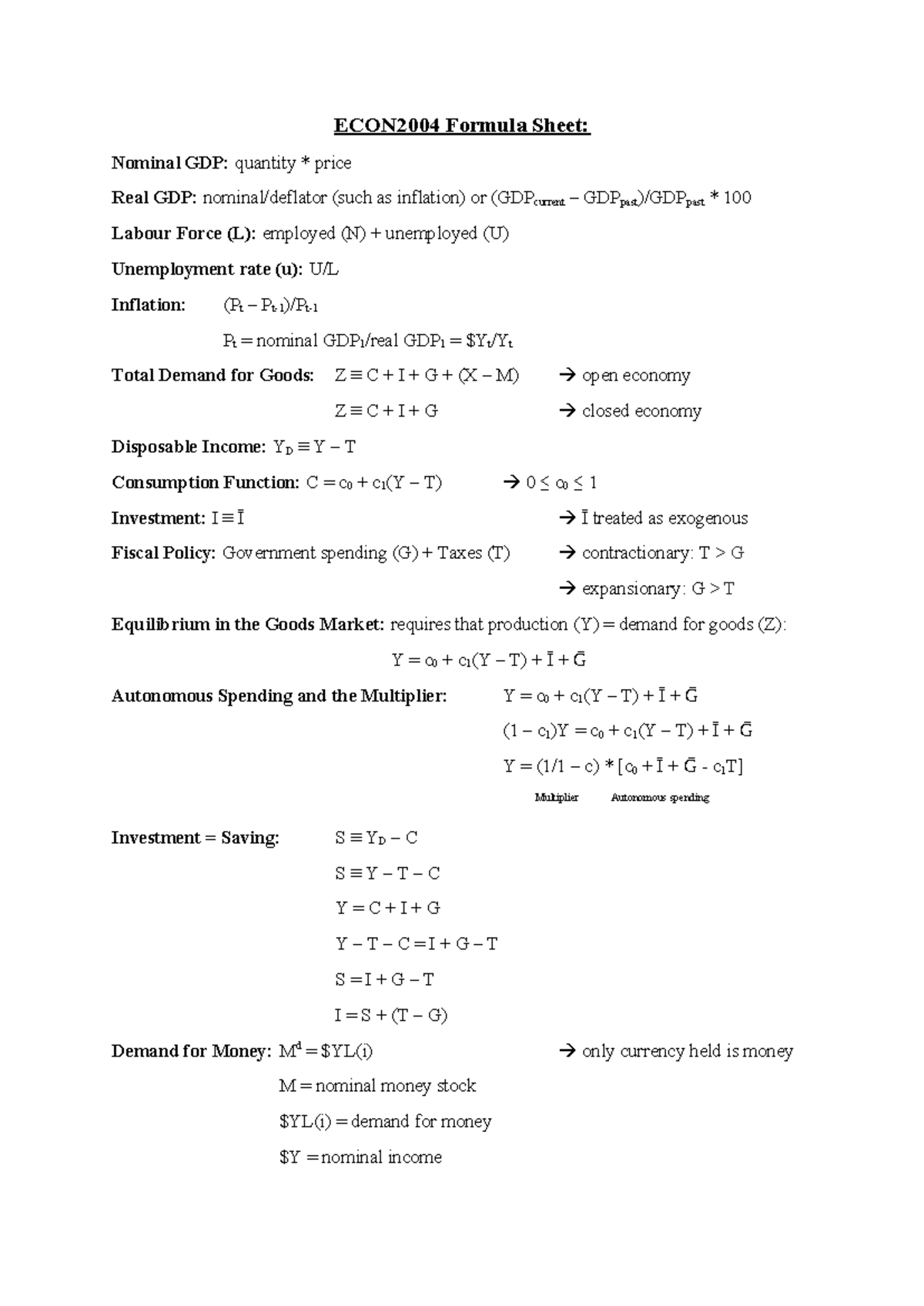 ECON2004 Formula Sheet: Key Concepts in GDP, Inflation, and Unemployment - Studocu