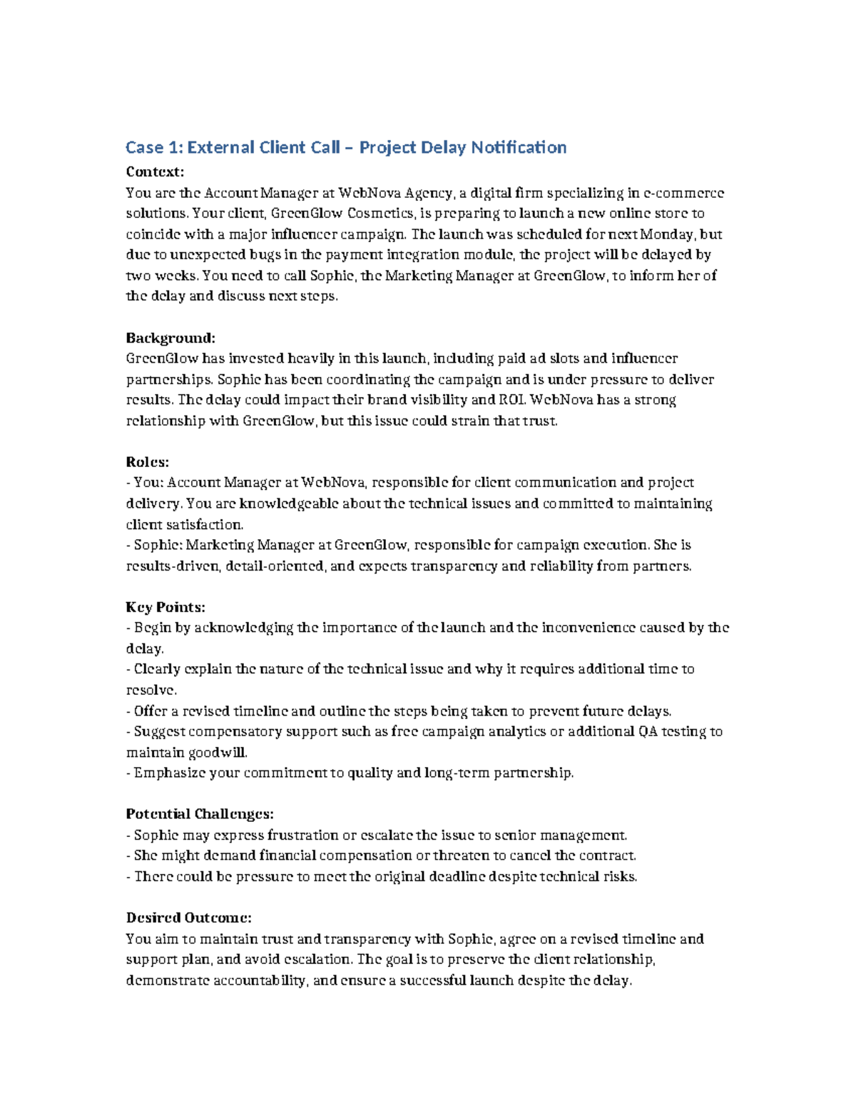 Case Study 1: Client Call on Project Delay - GreenGlow Cosmetics - Studocu