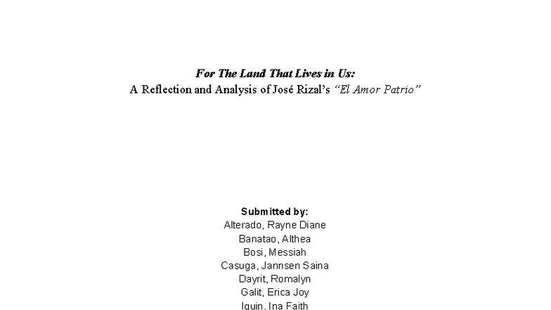 Reflection and Analysis of José Rizal's "El Amor Patrio" (PSY 2B) - Studocu