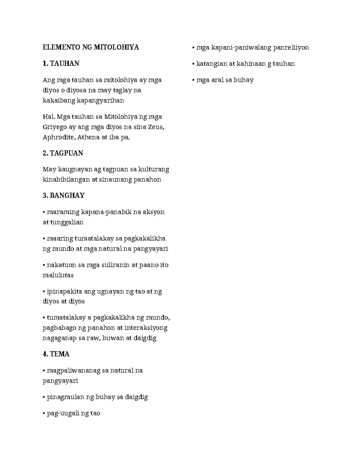 Elemento ng Mitolohiya: Tauhan, Tagpuan, Banghay at Tema - Studocu