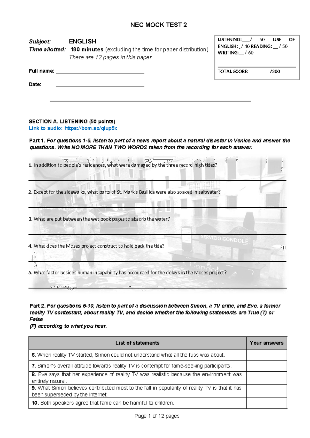 NEC MOCK TEST 2 - ENGLISH - Comprehensive Practice Questions - Studocu