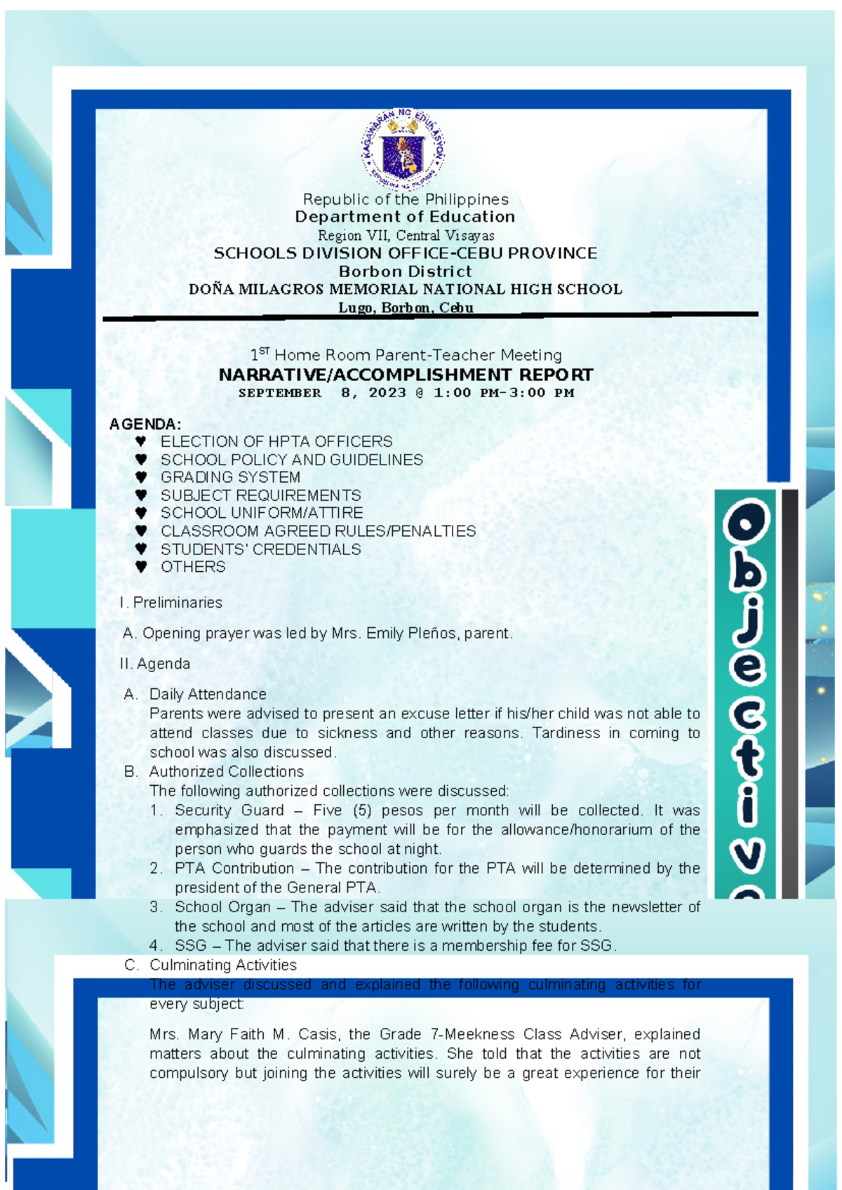 First Quarter HPTA Narrative Report - Accomplishments & Feedback - Studocu