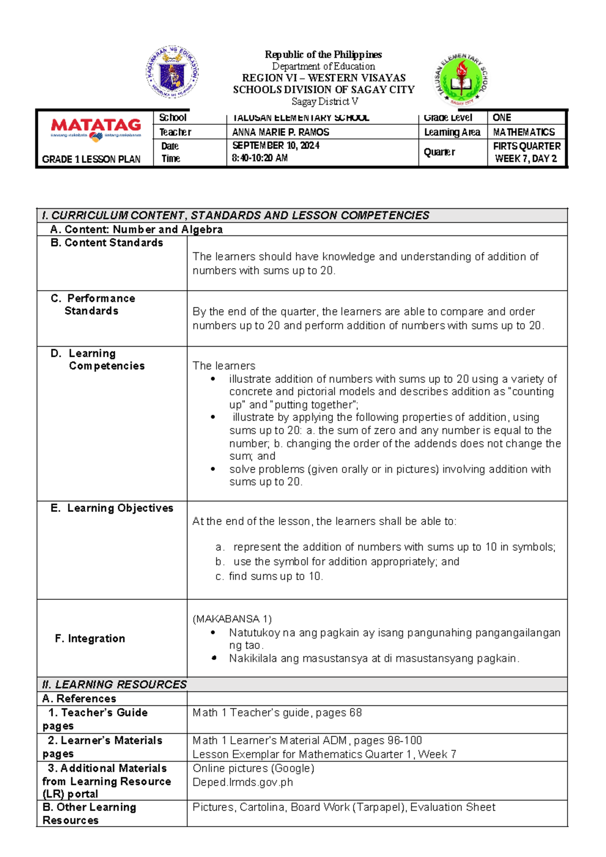 CO1 MATH- Grade 1 Lesson Plan for Addition up to 20 - Studocu