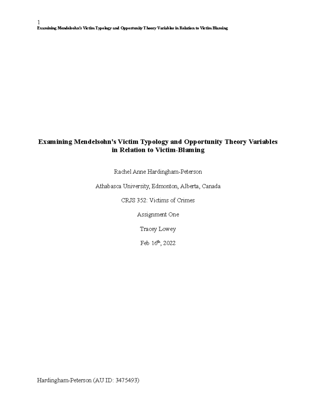 CRJS 352: Analyzing Mendelsohn's Victim Typology & Blame Factors - Studocu