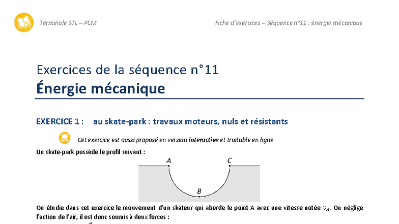 Terminale STL PCM Fiche Séquence : Exercices sur l'Énergie Mécanique ...
