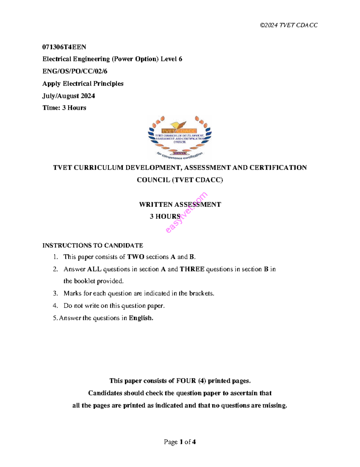 TVET CDACC 071306T4EEN Electrical Engineering Level 6 Exam Paper 2024 ...