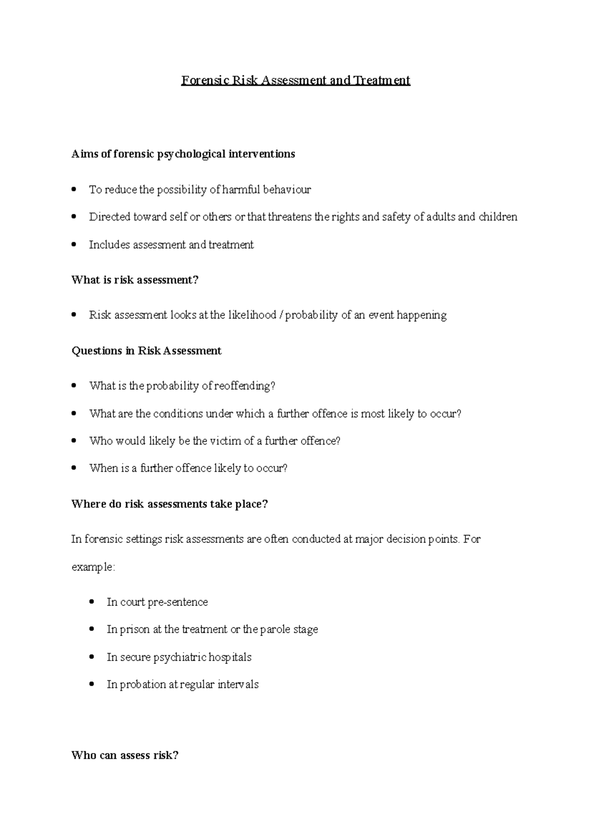 Forensic Risk Assessment and Treatment Overview: Key Concepts and Tools ...